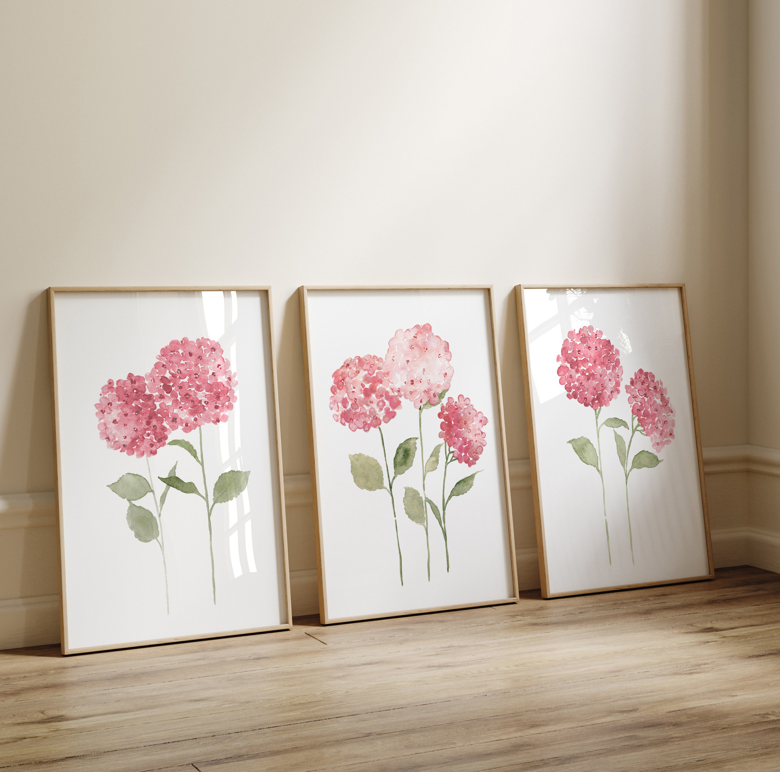 Hydrangea Wall Art, Pink Home Decor, Abstract Floral Poster, Set of 3 ...