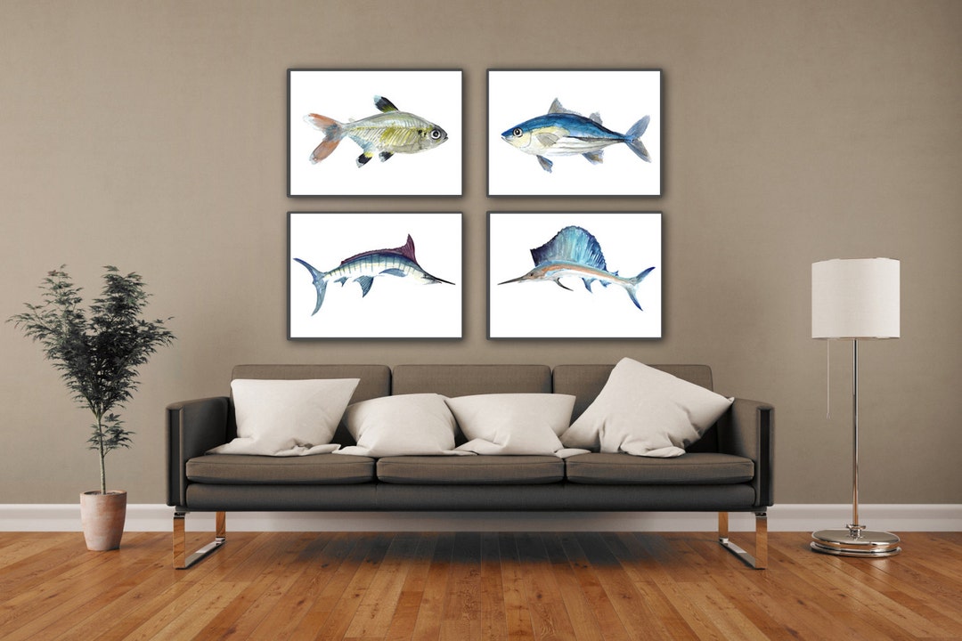 Fish Print Wall Art Blue Home Decor Set 4 Fishes Wall Art - Etsy