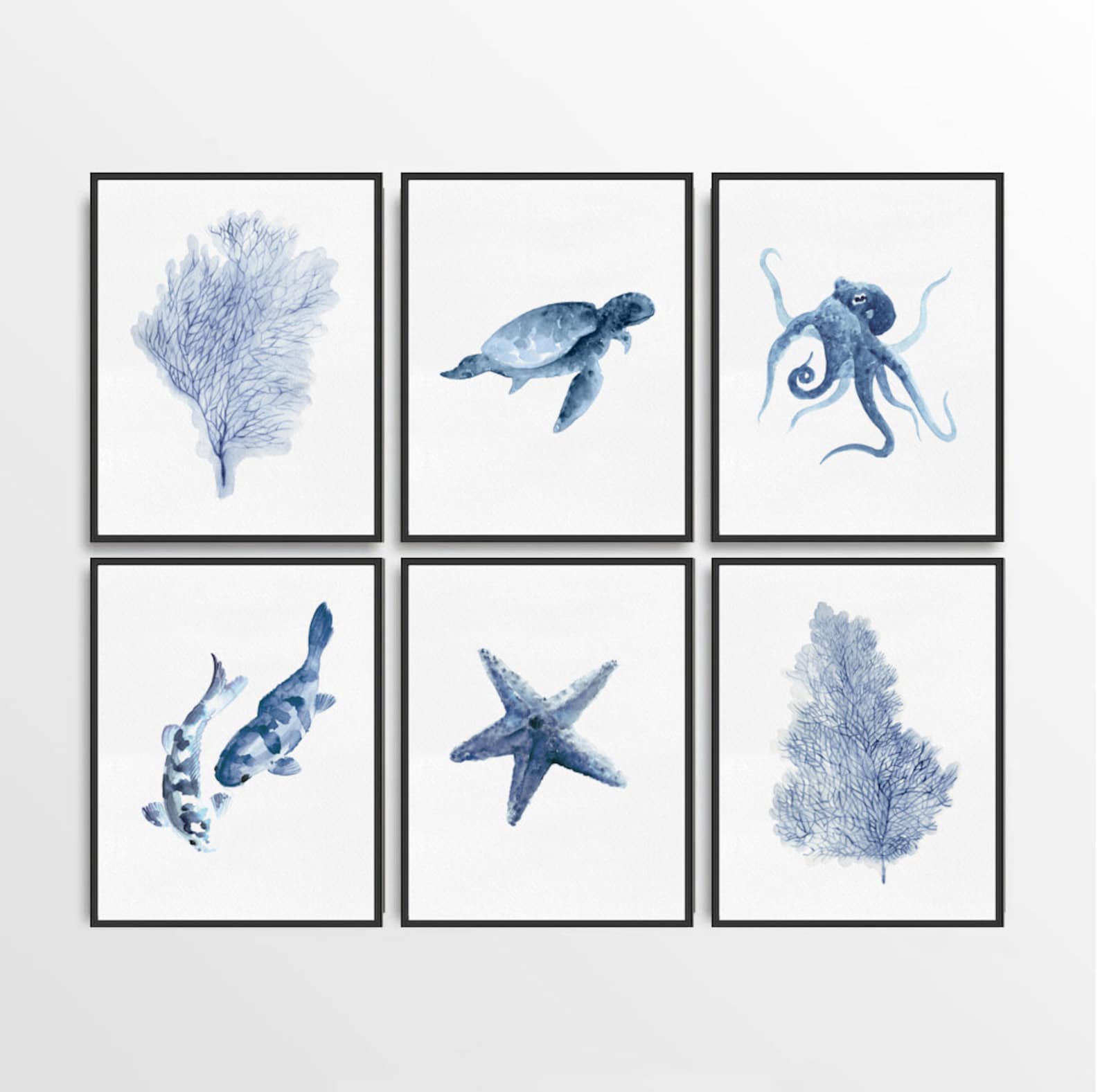 Ocean Wall Art. Blue Coastal Wall Decor. Modern Poster Sea Life Living ...