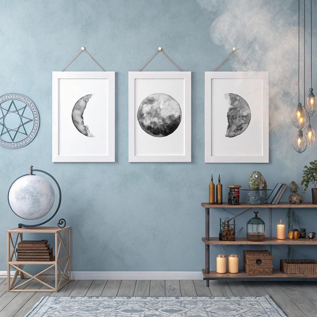 Set of 3 Mystical Moon Watercolor Prints | Mythical Medieval Black Moon ...