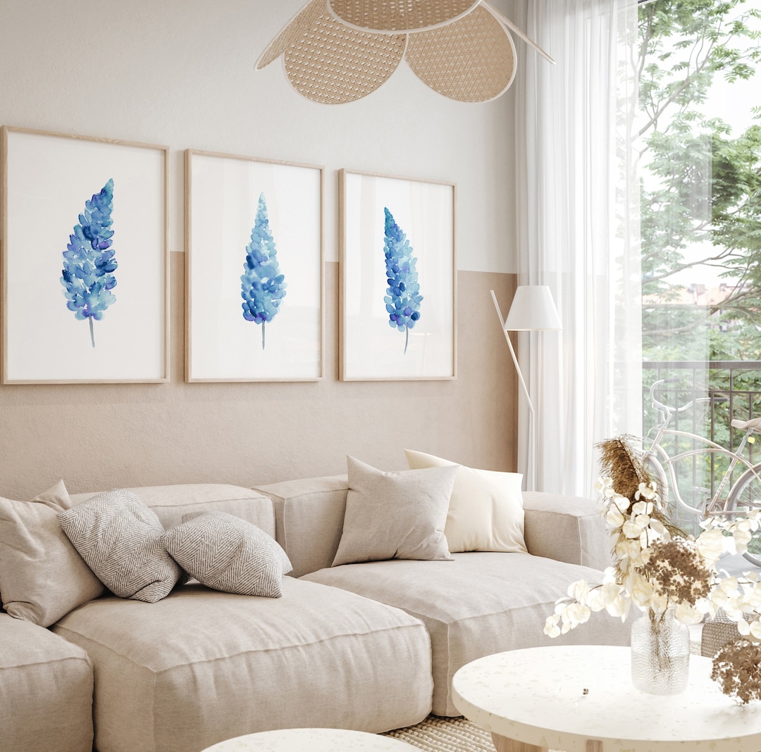Extra Large Painting, Blue Wall Decor, Bluebonnet Set of 3, Botanical ...