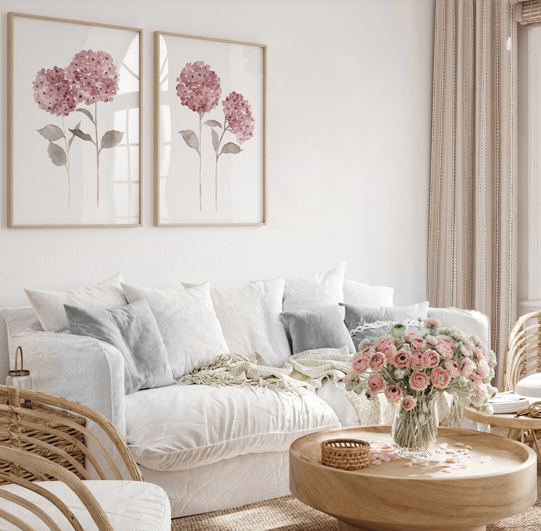 Hydrangea Art, Pink Wall Decor, Floral Room Decoration, Bedroom Set of ...