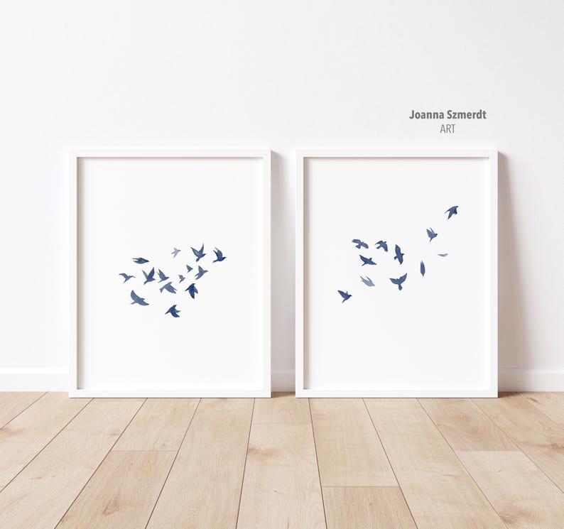 Flying Blue Birds Set of 2 Watercolor Prints | Peaceful Flock of Birds ...