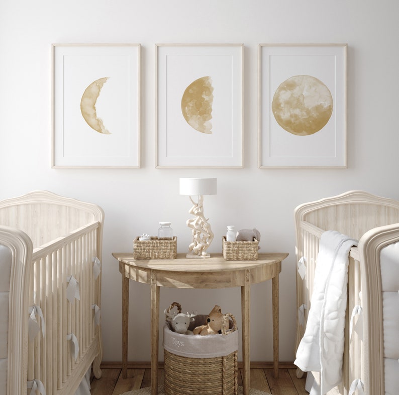 Moon Painting, Golden Yellow Full Moon Set of 3 Bedroom Decor, Extra ...