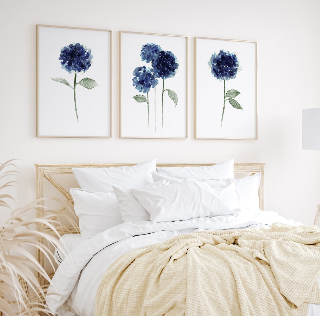 Hydrangea Wall Art, Hydrangea Art Print, 3 Piece Wall Art, Blue ...