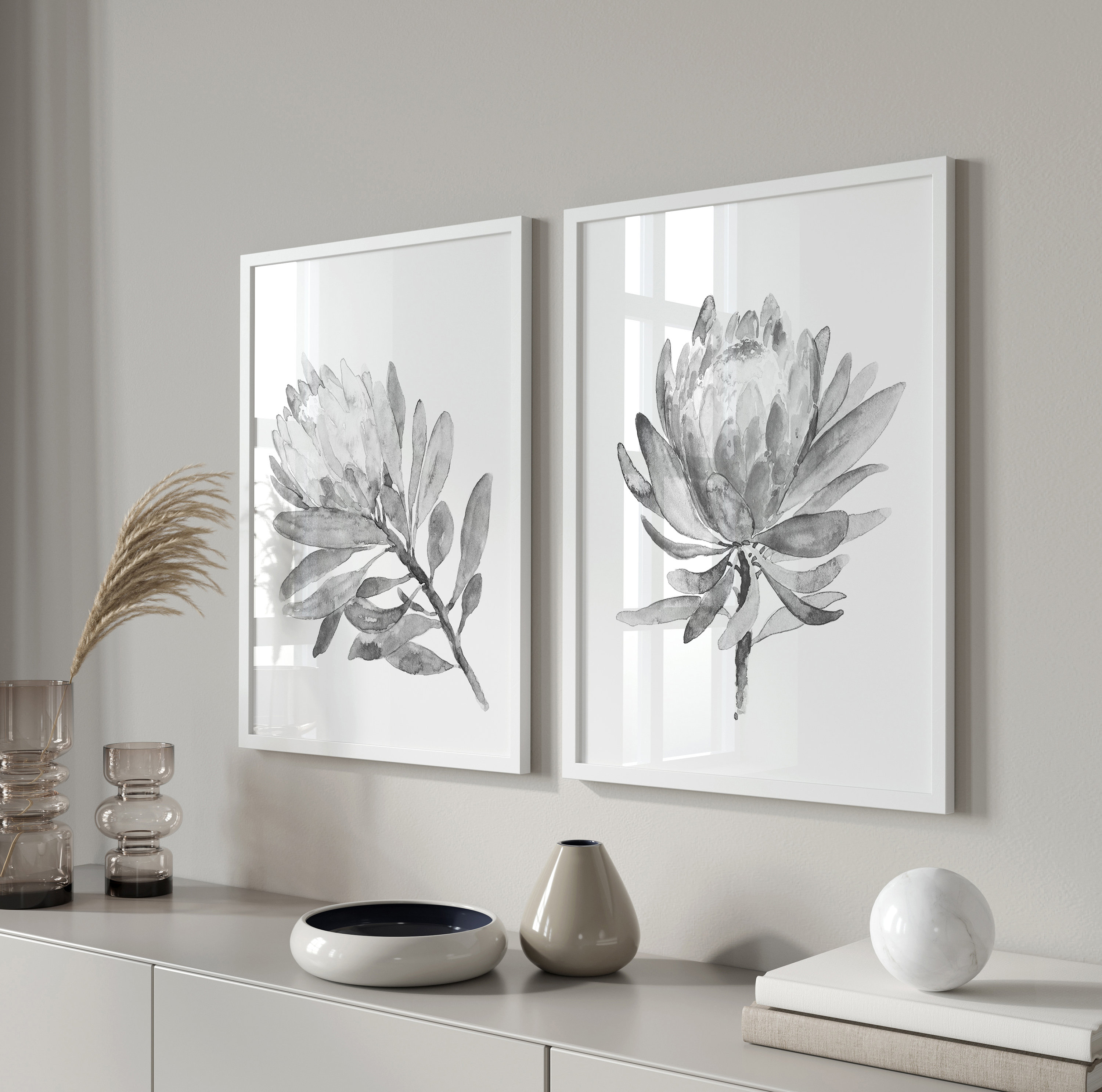 Protea Art Print, Grey Protea Flower, Protea Wall Art Set of 2 Protea ...
