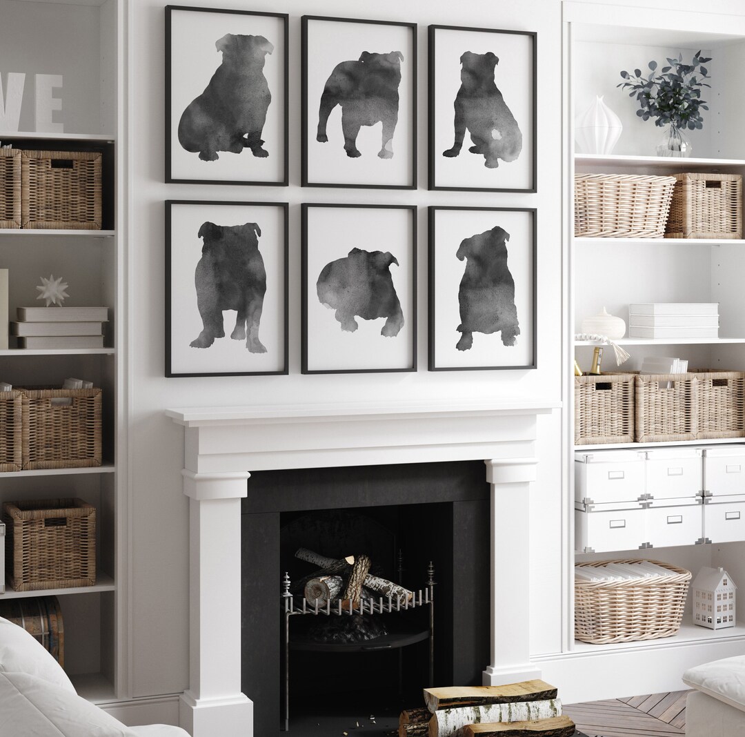 English Bulldog Watercolor Art Prints: Minimalist Gray Dog Wall Decor ...