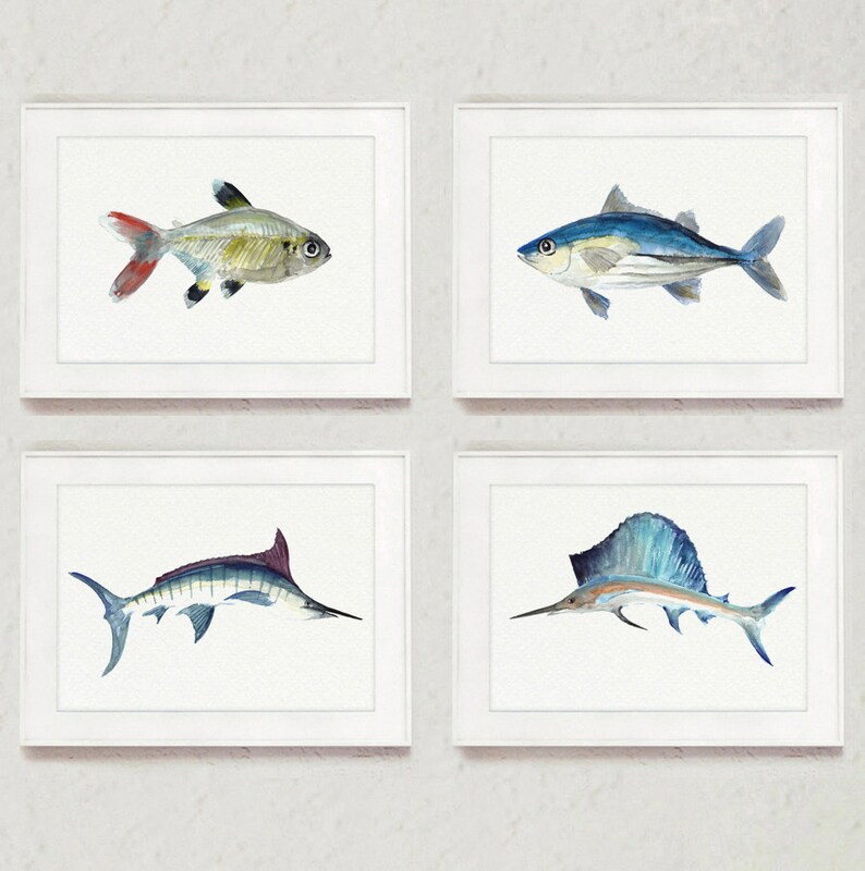 Fish Print Wall Art Blue Home Decor, Set 4 Fishes Wall Art Print, X-ray ...