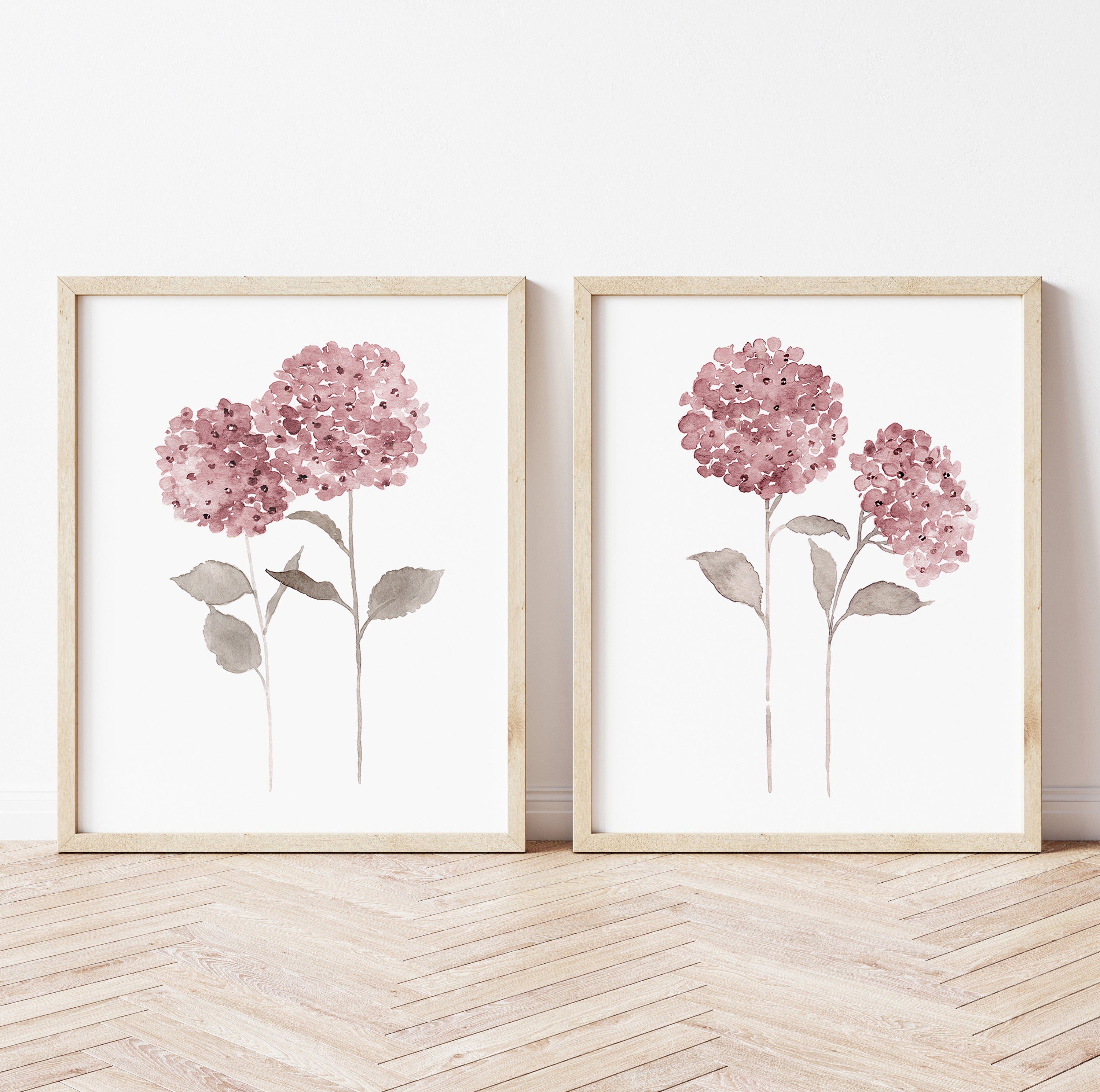 Hydrangea Art, Pink Wall Decor, Floral Room Decoration, Bedroom Set of ...