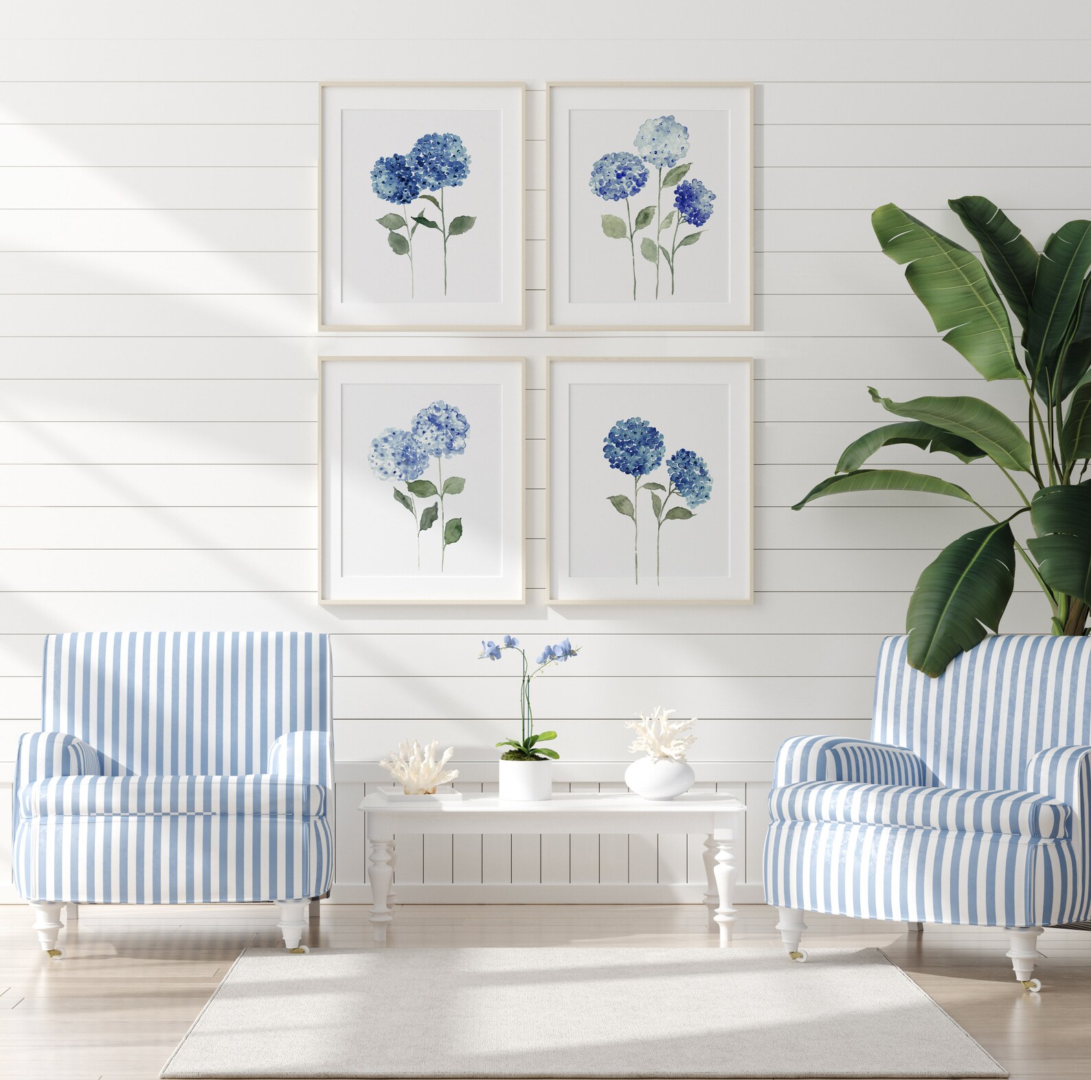 Extra Large Flower, Modern Blue Hydrangea, Set of 4 Artworks, Living ...