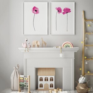 Watercolor Flower, Hot Pink Poster, Poppy Wall Decor, Set of 2 Floral ...