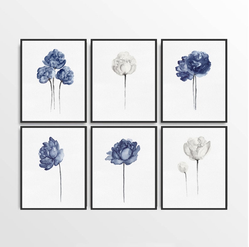 Peony Flower Art Print Set 6 Navy Blue Peonies Botanical - Etsy