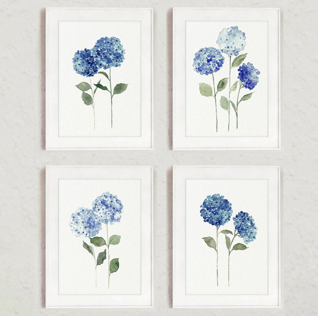 Extra Large Flower, Modern Blue Hydrangea, Set of 4 Artworks, Living ...