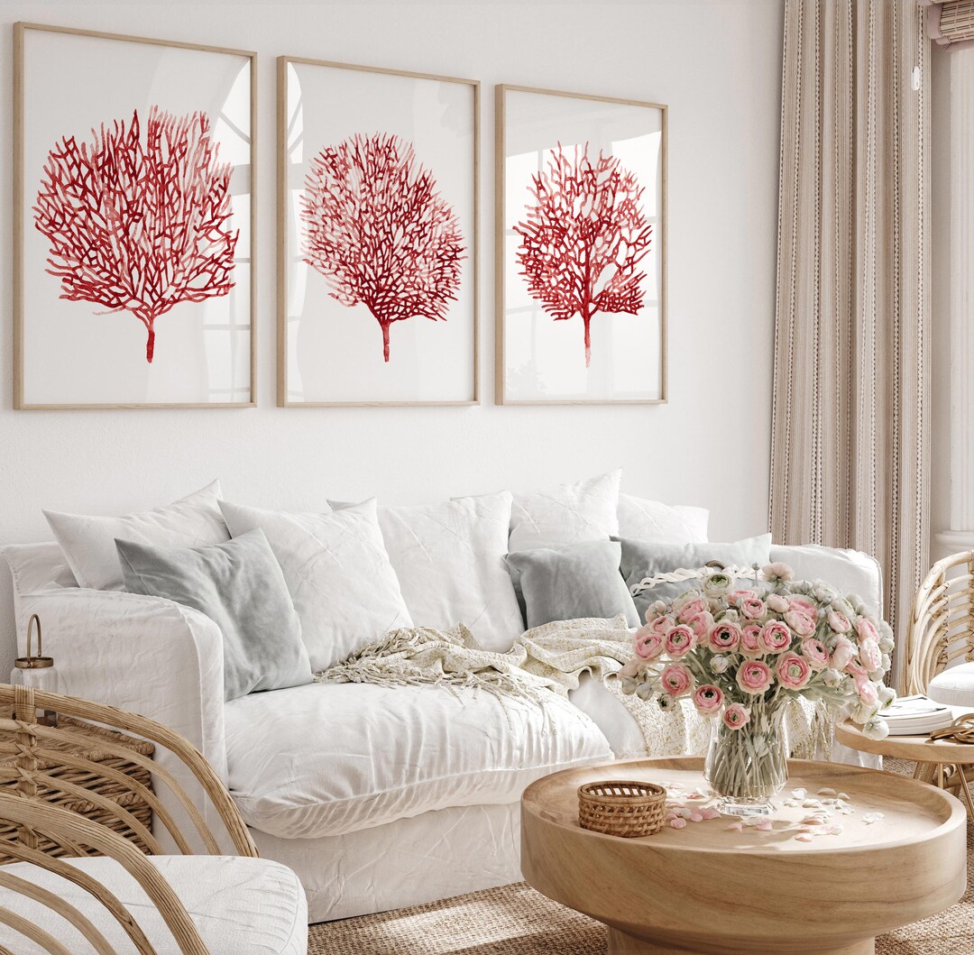 Red Coral Art Print, Set of 3 Prints, Ocean Living Room Decor, Coral ...