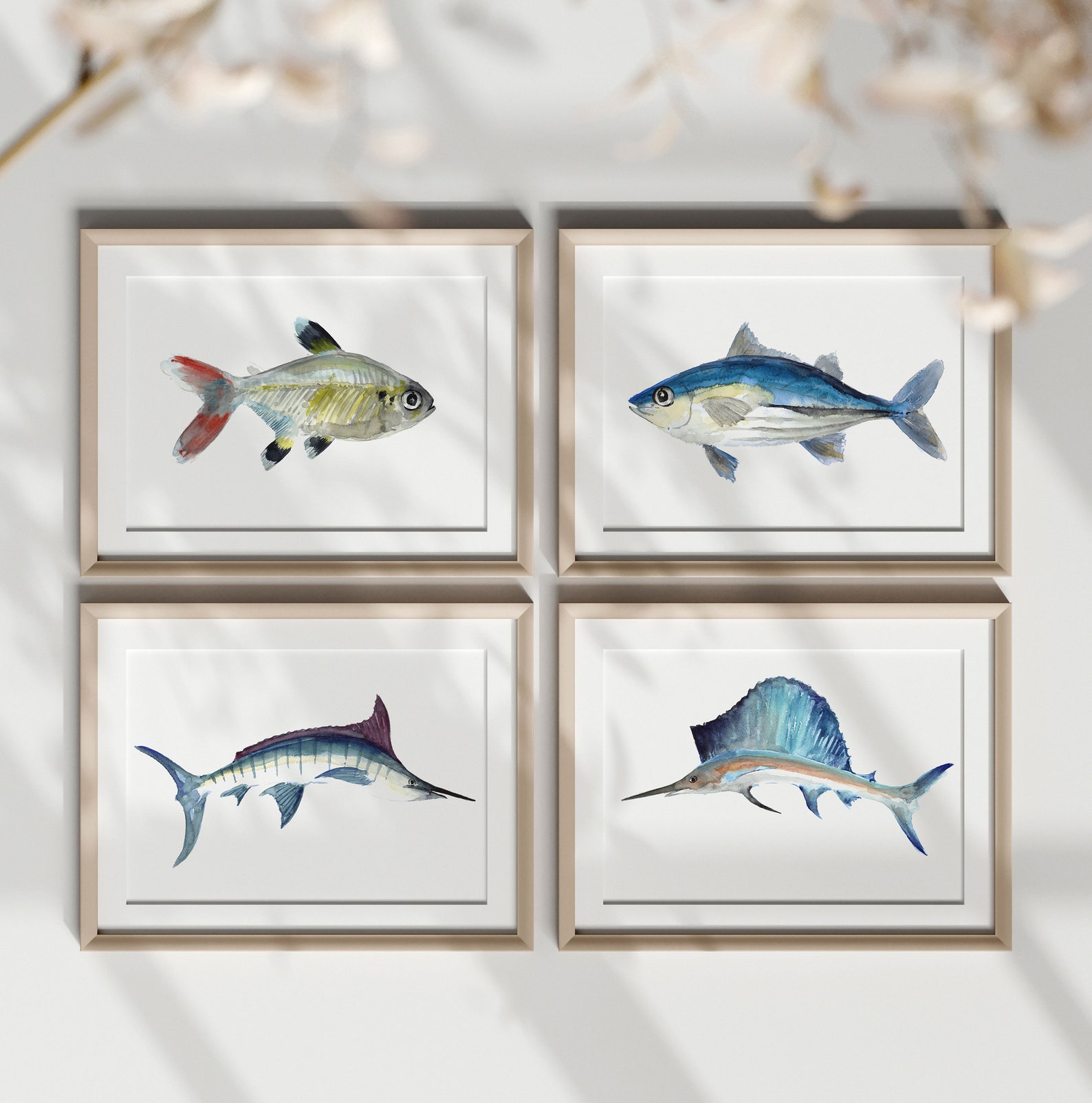 Fish Print Wall Art Blue Home Decor, Set 4 Fishes Wall Art Print, X-ray ...