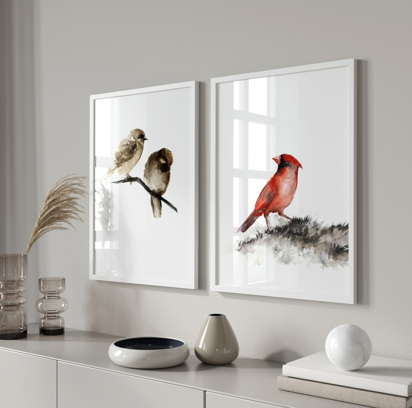 Minimalist Cardinal and Birds Painting Set of 2 Sparrow Bird - Etsy