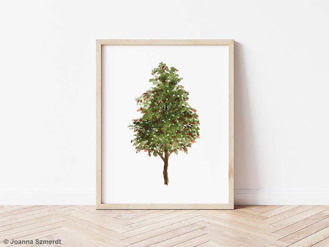 Rowan Tree Watercolor Digital Download, Green and Orange Rowan Art ...