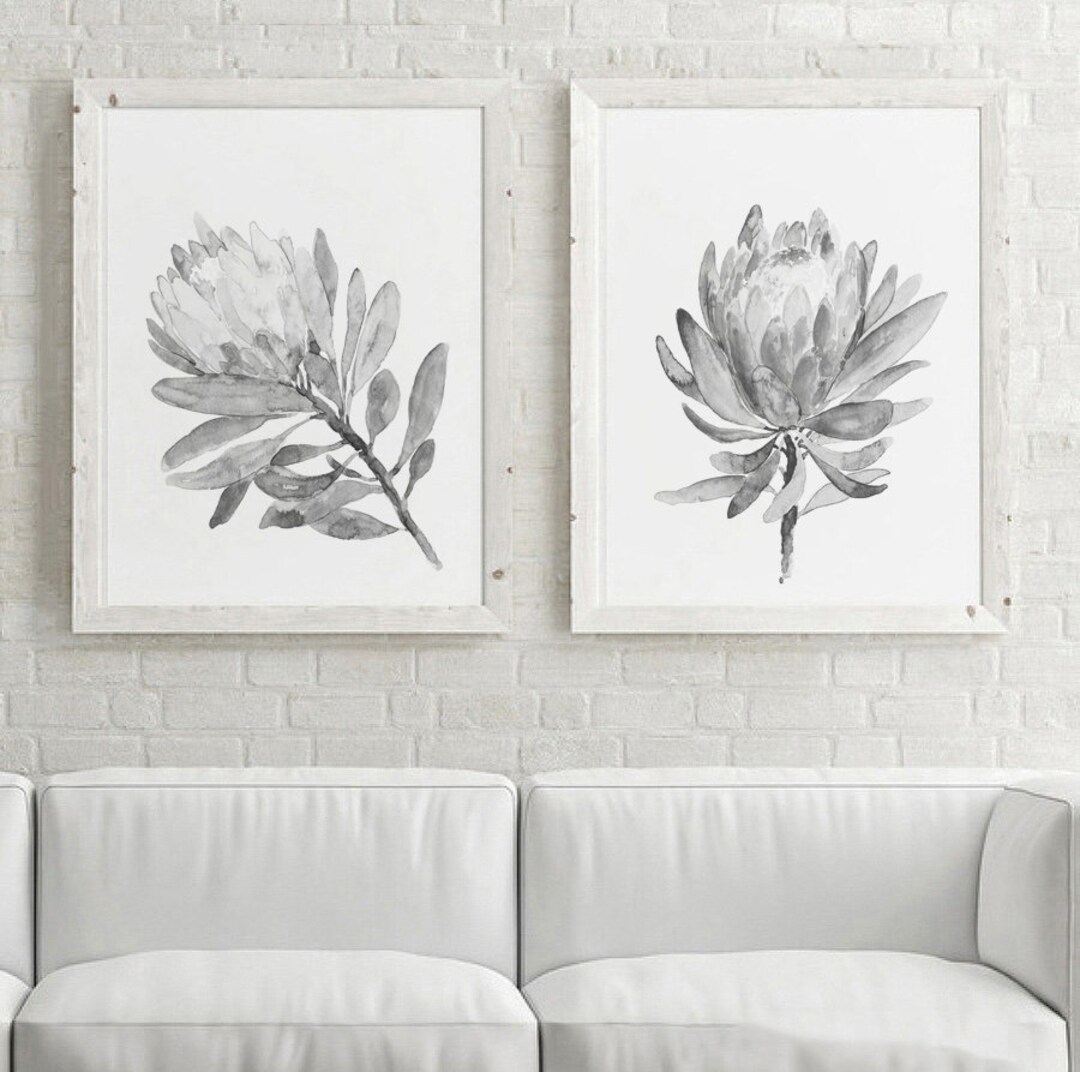 Protea Art Print, Grey Protea Flower, Protea Wall Art Set of 2 Protea ...
