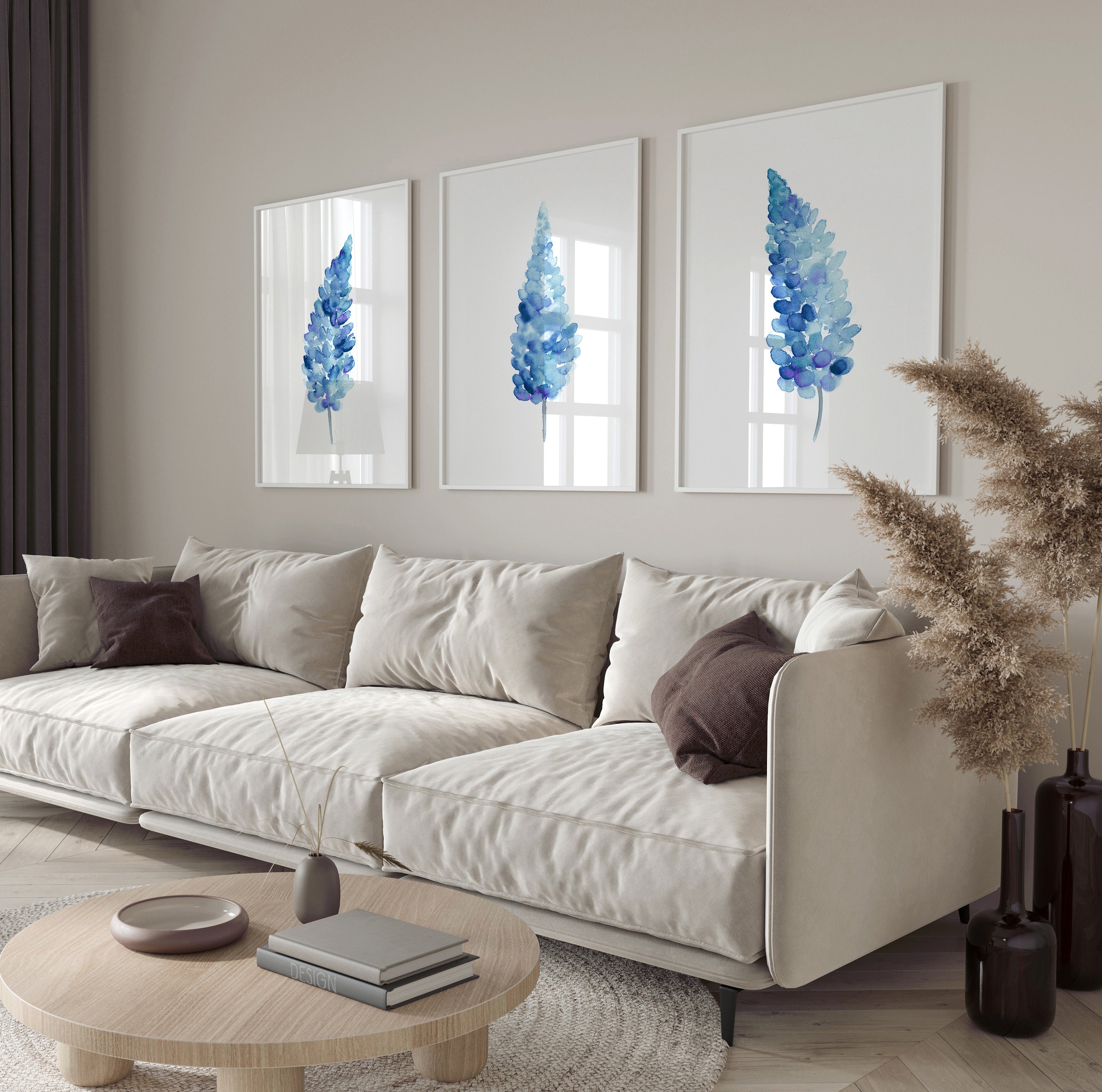 Extra Large Painting, Blue Wall Decor, Bluebonnet Set of 3, Botanical ...
