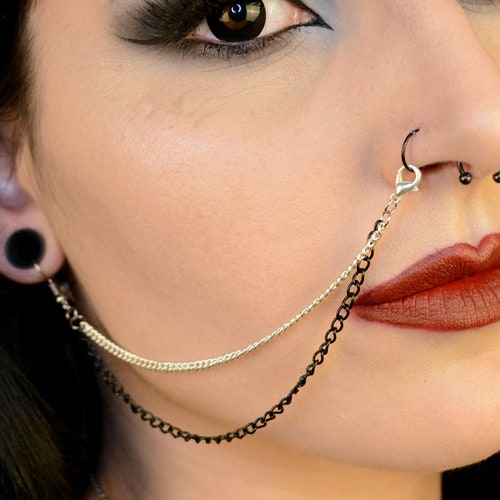 Silver & Black Stainless Steel Nose / Lip to Ear Chain - Etsy