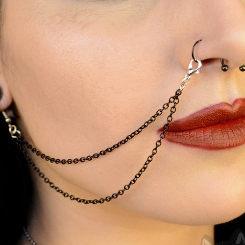 Black & Silver Stainless Steel Nose / Lip to Ear Chain - Etsy