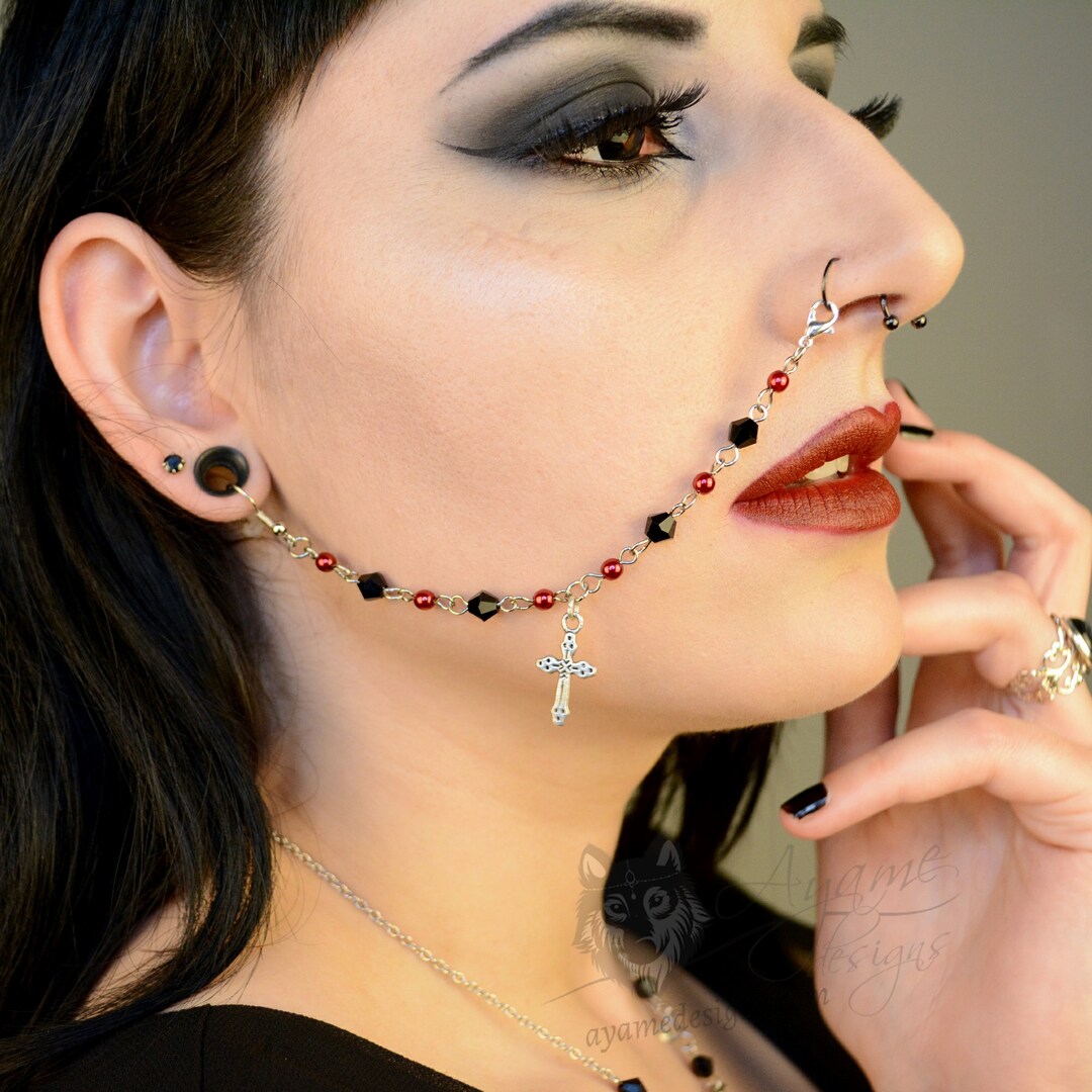 Beaded Stainless Steel Nose / Lip to Ear Chain 3 Different Charms to ...