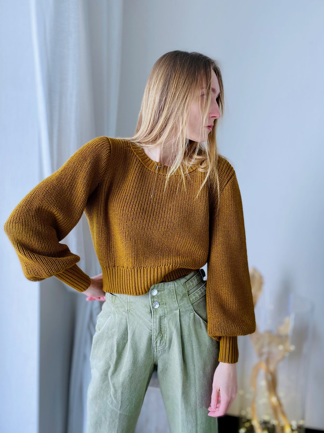 Crop western button top Crop Top Sweater with Balloon | Etsy