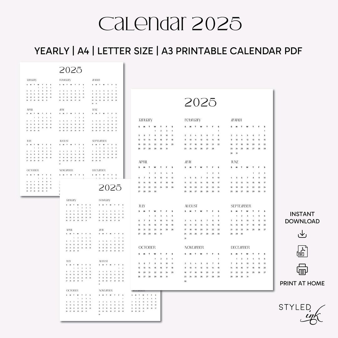 2025 Calendar Yearly A4, A3 and Letter Size Portrait Vertical Printable ...