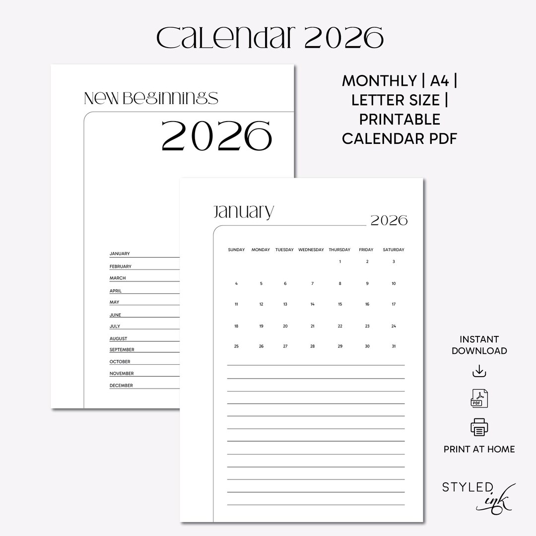 2026 Calendar Printable – A4 & Letter Size Monthly Planner PDF ...