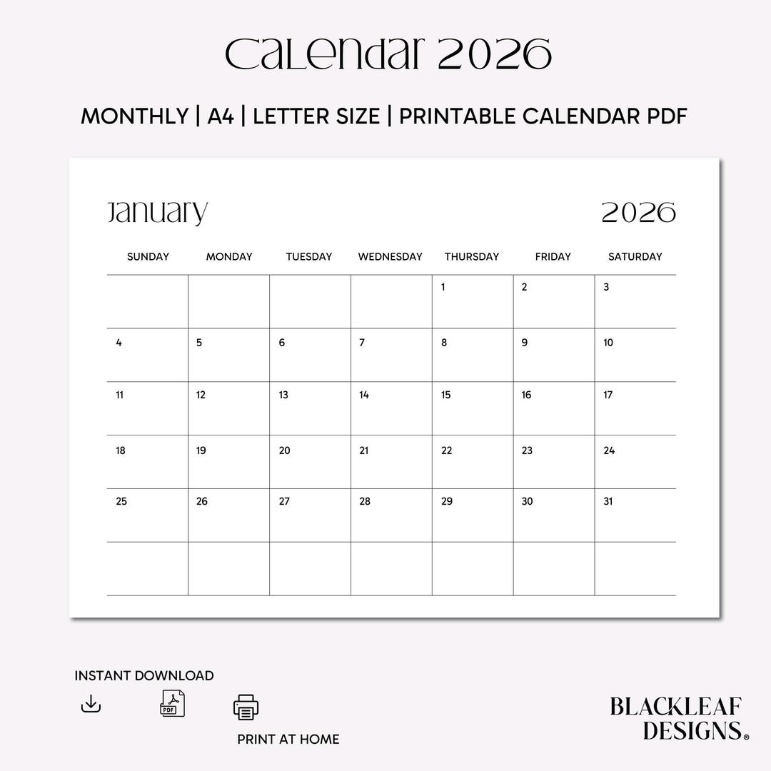 2026 Monthly Calendar: A4/letter Size Printable With Notes (digital ...