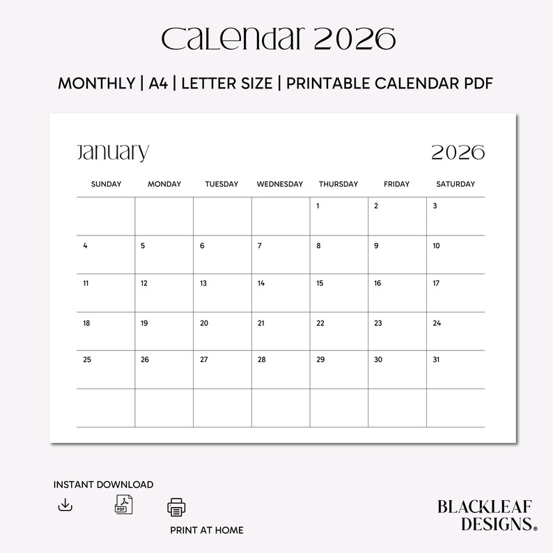 2026 Monthly Calendar: A4/letter Size Printable With Notes (digital ...
