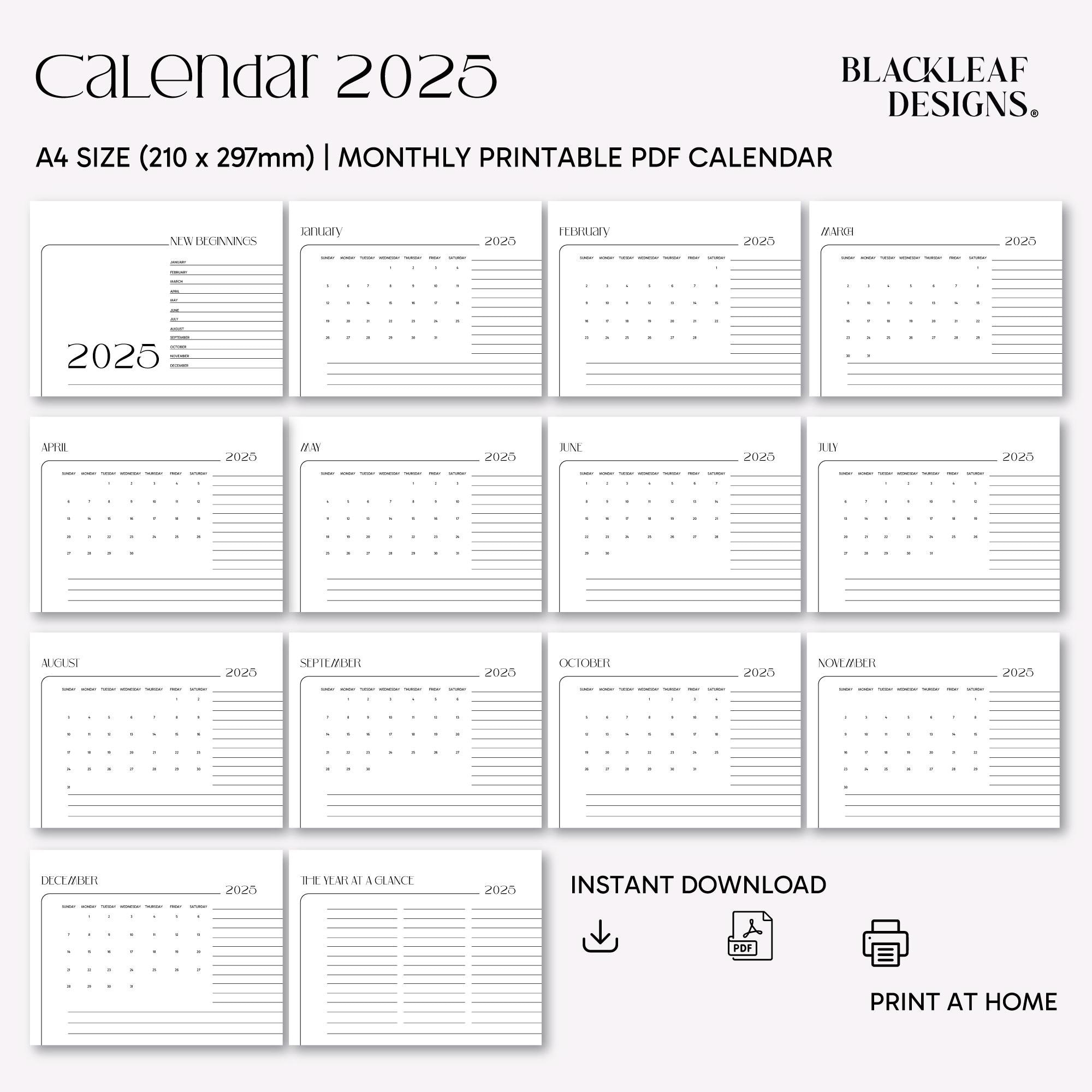 2025 Calendar Monthly A4 and Letter Size Landscape Printable and ...