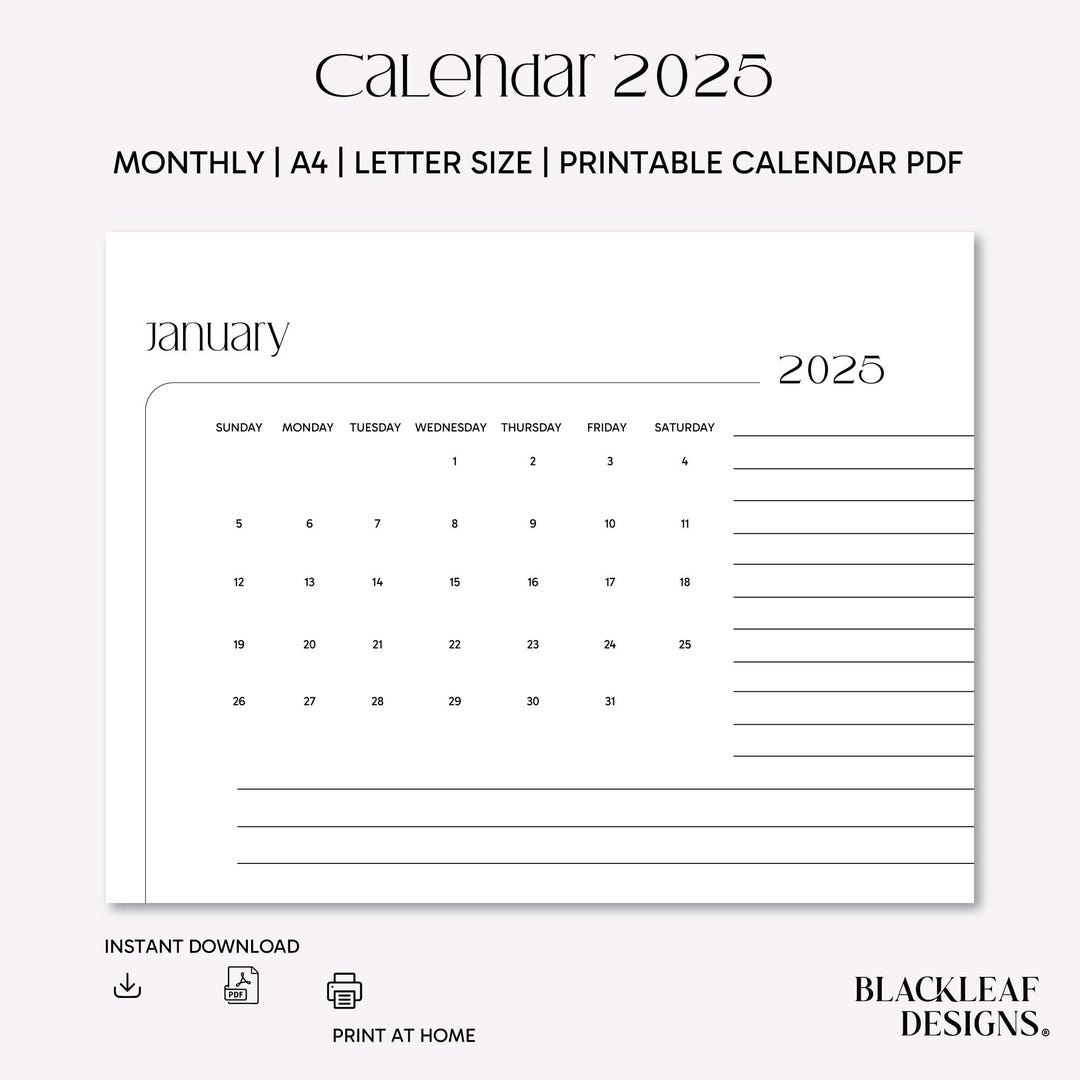 2025 Monthly Calendar: A4 & Letter Size Printable With Notes (digital ...