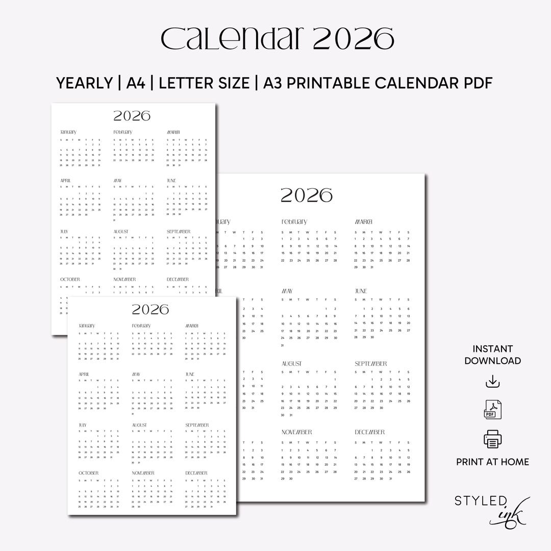 2026 Yearly Calendar: A3, A4, Letter Size Printable (digital Download ...