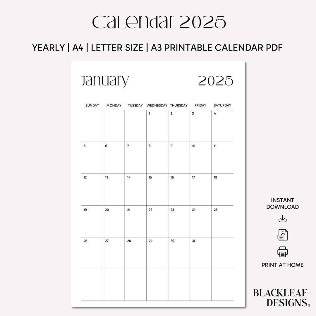 2025 Calendar Monthly Grid A4 and Letter Size Portrait Vertical ...