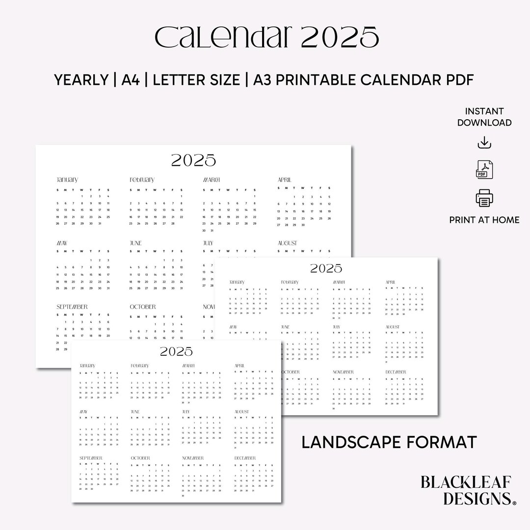 2025 Calendar Yearly A4, A3 and Letter Size Landscape Vertical ...