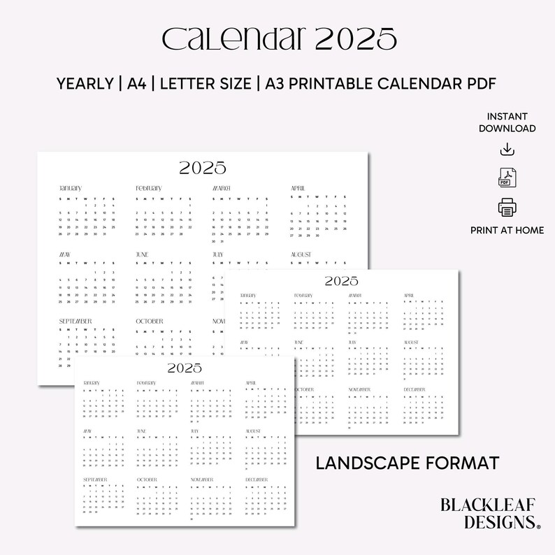 2025 Calendar Yearly A4, A3 and Letter Size Landscape Vertical ...