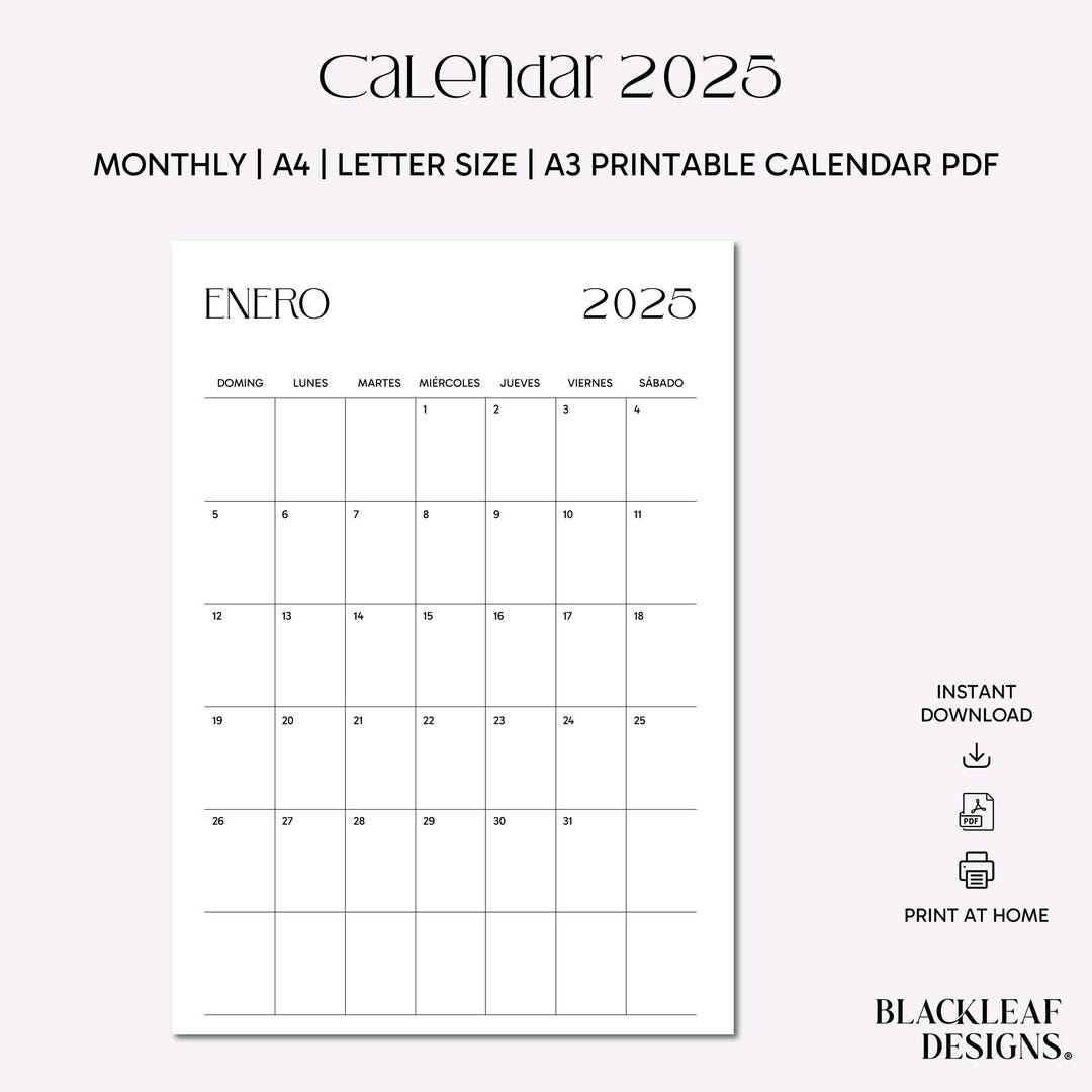 2025 Spanish Calendar Monthly Grid A4 and Letter Size Portrait Vertical ...