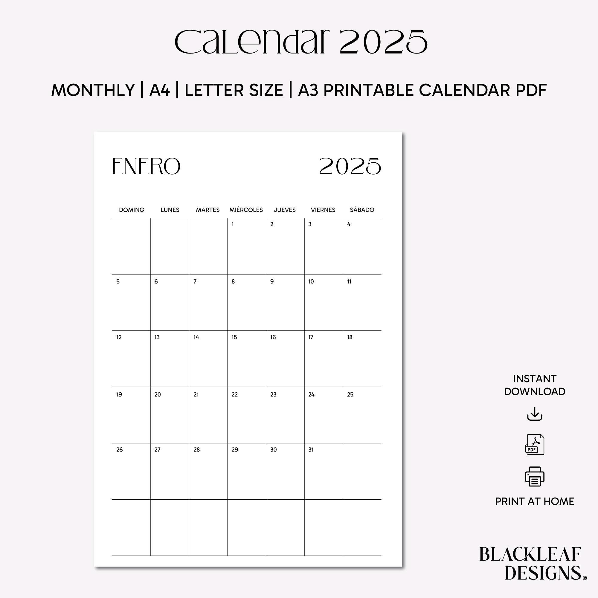 2025 Spanish Calendar Monthly Grid A4 and Letter Size Portrait Vertical ...