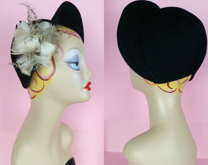 Vintage 30s/40s Black Wool Bonnet Style Hat/1940s Feathers Hat - Etsy