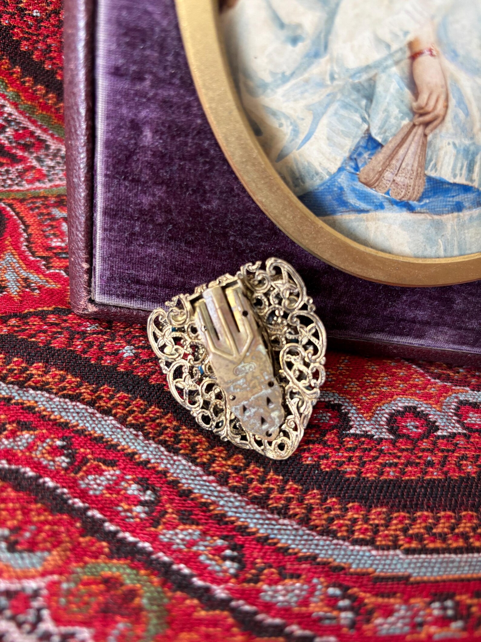 Vintage 30s Czech Brass Filigree and Turquoise Glass Paste Dress Clip ...