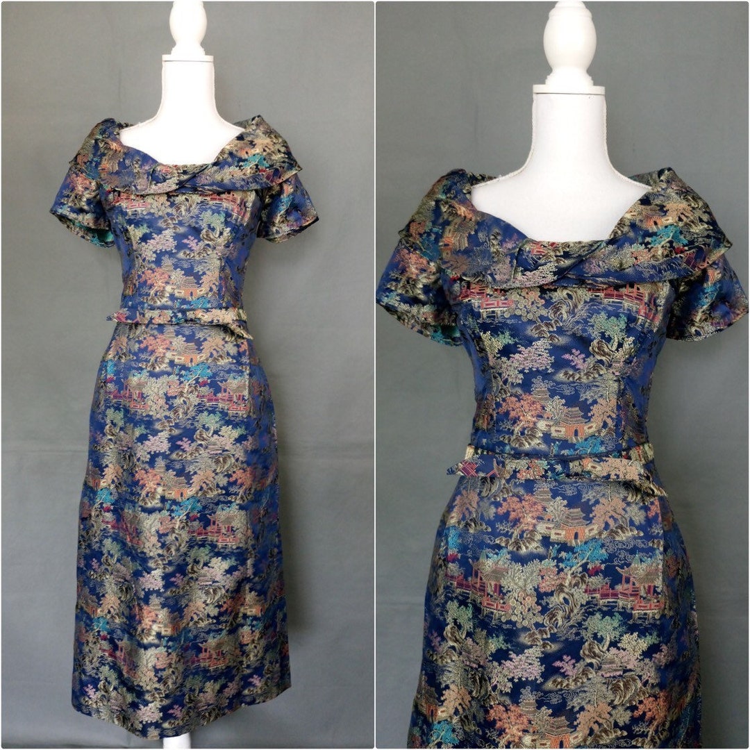 Vintage 50s Blue Brocade Dress/asian Novelty Dress/wiggle Party Dress ...