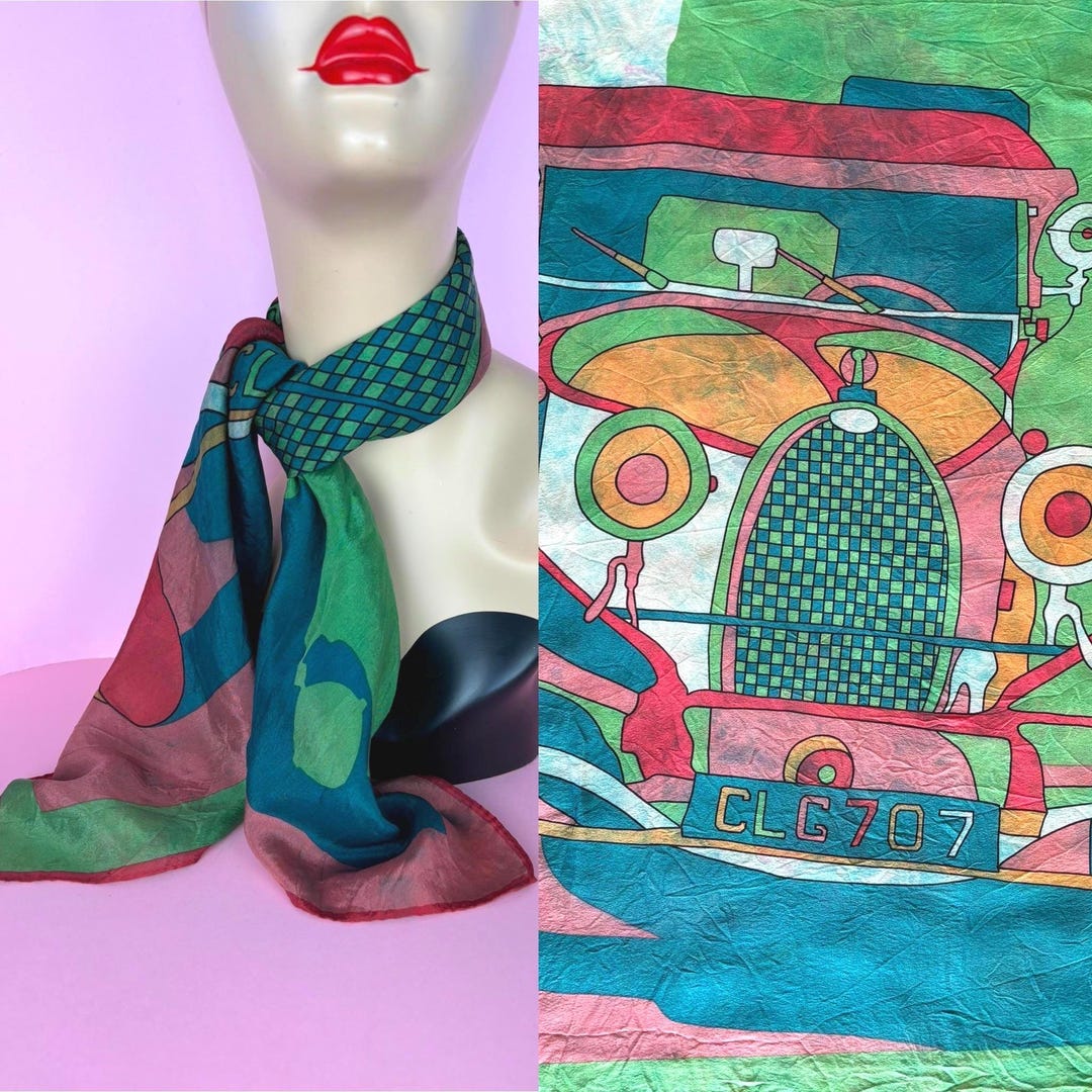 Vintage 60s/70s Silk Novelty Print Vintage Car Scarf/head Scarf/as IS ...