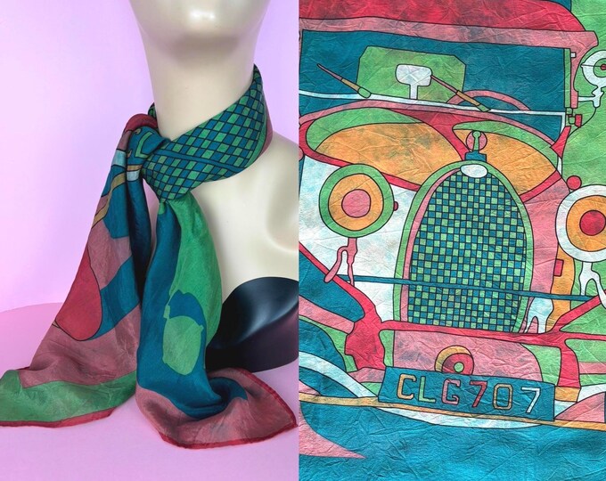 Vintage 60s/70s Silk Novelty Print Vintage Car Scarf/head Scarf/as IS ...