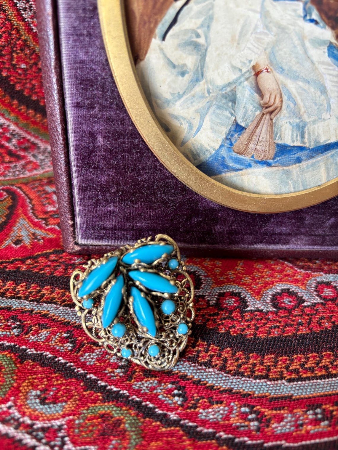 Vintage 30s Czech Brass Filigree and Turquoise Glass Paste Dress Clip ...