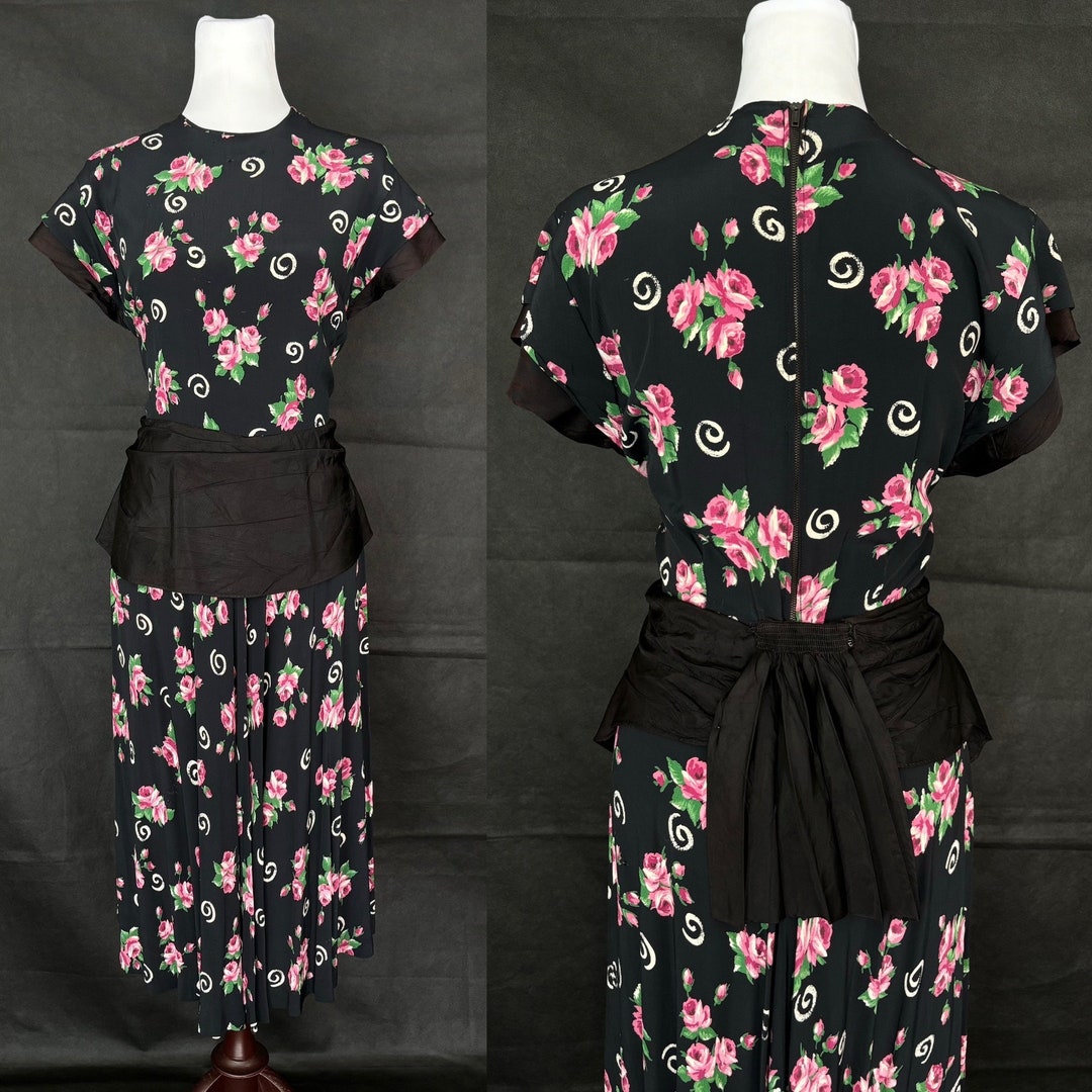 Vintage 40s Dark Floral Print Rayon Day Dress/size S/M - Etsy
