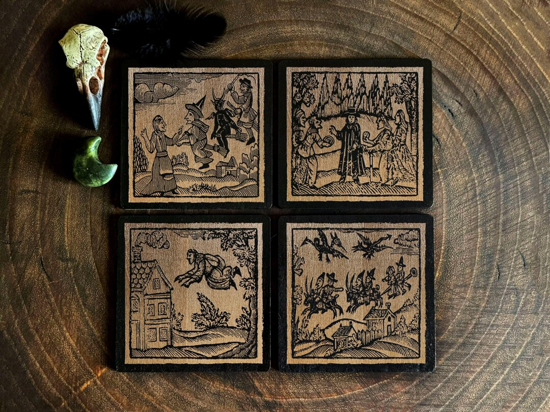 Woodcut Witch Coasters, Gothic Witchy Decor, Page Drinkware, Medieval ...