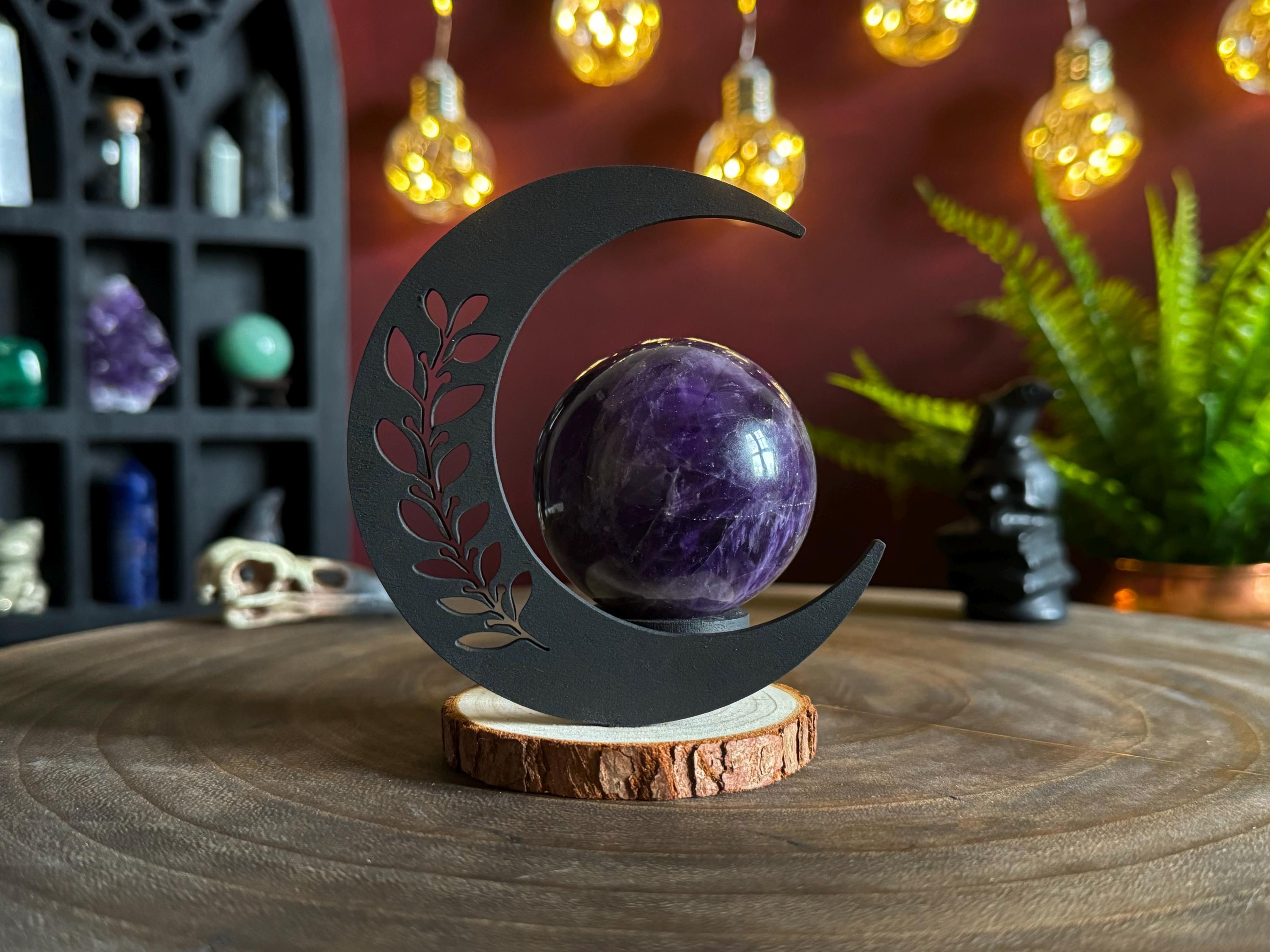 Wooden Crescent Moon Plant Sphere Stand, Wood Crystal Holder, Black ...