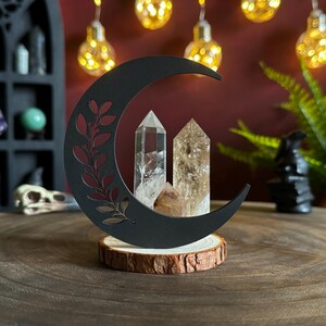Wooden Crescent Moon Plant Sphere Stand, Wood Crystal Holder, Black ...