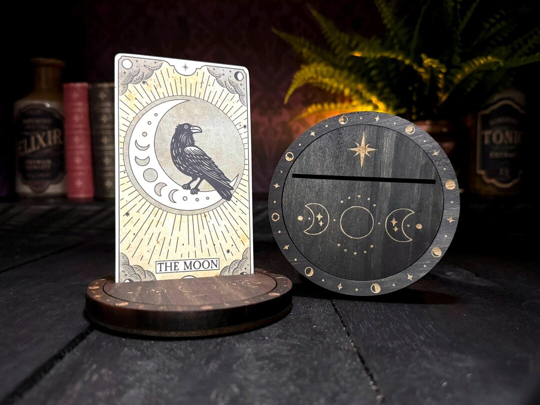 Celestial Crescent Moon Tarot Holder Stand - Handcrafted Engraved Wood ...